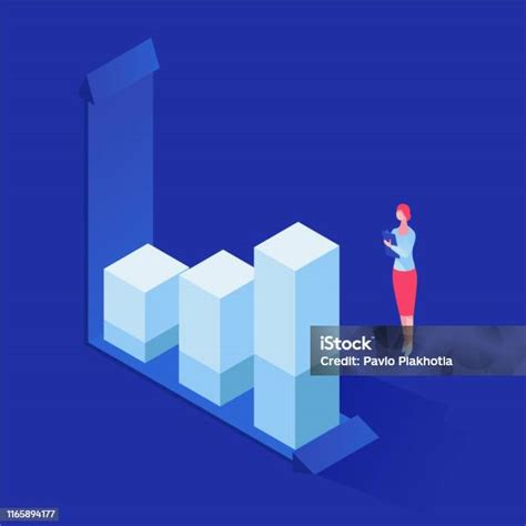 통계 벡터 등각 투영 그림 분석 여성 전문가 금융 성장 다이어그램 만화 캐릭터를 공부 은행 이코노미스트 브로커 재무 분석가가 메모를 합니다 개발에 대한 스톡 벡터 아트 및