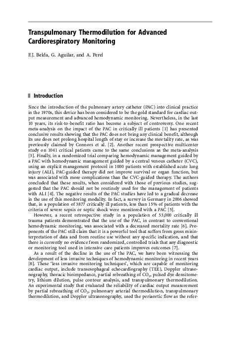 Pdf Transpulmonary Thermodilution For Advanced Cardiorespiratory