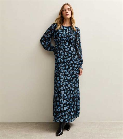 Blue Floral Long Sleeve Maxi Dress New Look