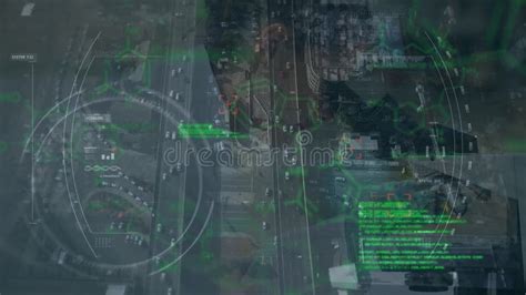 animation of data processing and caucasian scientist over cityscape