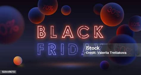 네온 글자 사실적인 어두운 공 흐릿하고 빛나는 어두운 배경의 발광 주황색 공이 있는 블랙 프라이데이 배너 판매 광고 및 특별 할인을 위한 벡터 그림 0명에 대한 스톡 벡터