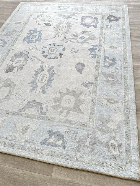Cream Blue Oushak Rug Modern Vintage Turkish Eclectic Floral Pastel Washable