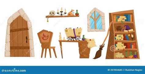 Magic School Classroom Interior With Wooden Desks Vector Illustration