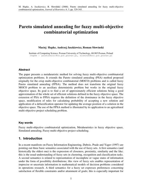 pdf pareto simulated annealing for fuzzy multi objective