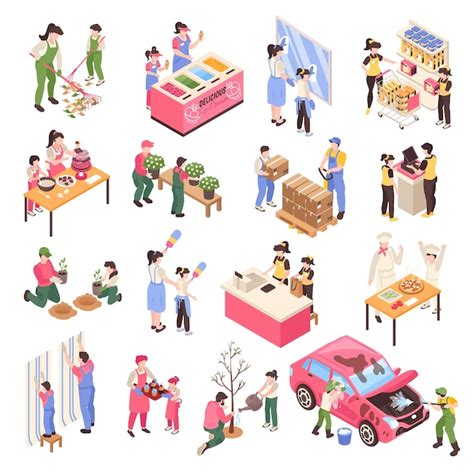 연습 또는 인턴십 격리 벡터 일러스트 레이 션에 지역 상점에서 일하는 젊은 사람들과 함께 설정 아이소 메트릭 십대 아이콘 무료 벡터