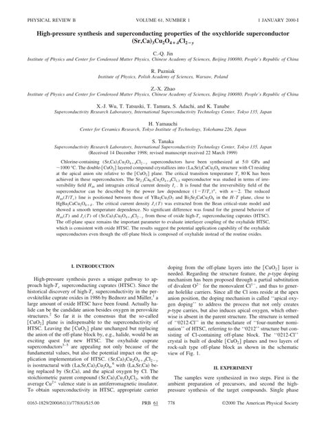 Pdf High Pressure Synthesis And Superconducting Properties Of The Oxychloride Superconductor