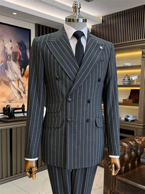 Tuxedo Double Breasted Grey Striped Suit 2 Piece Viossi