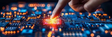 Finger Activating Futuristic Microchip On Illuminated Circuit Board Advanced Technology Concept