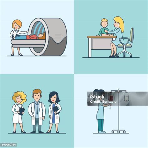 선형 평면 단층 촬영 및 소아 캐비닛 수혈 의료 재료 벡터 일러스트 레이 션 설정 합니다 의료 전문적인 도움 개념입니다 건강관리와 의술에 대한 스톡 벡터 아트 및 기타