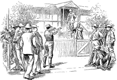 Victorian Black And White Illustration Of Two Men With Guns Outside A