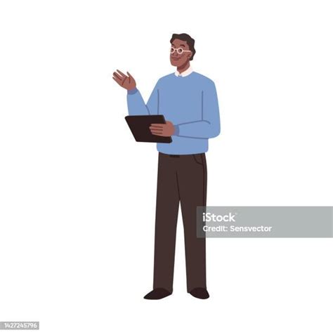 코디네이터 또는 관리자가 노트북 제어 프로세스와 함께 서 있습니다 프로젝트에서 일하는 고립 된 남성 캐릭터 사업가 또는 이사 플랫 만화 스타일의 벡터 학습에 대한 스톡 벡터