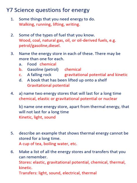 1st Term Y7 Science Energy Questions Pdf