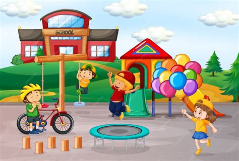 Enfants Jouant Dans La Cour Décole Vecteur Gratuite