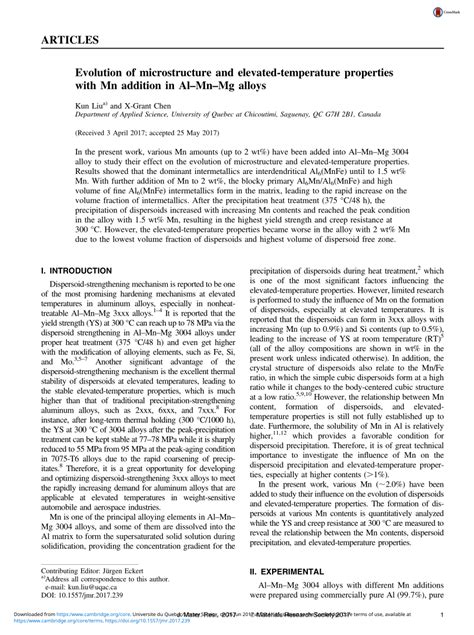 Pdf Evolution Of Microstructure And Elevated Temperature Properties With Mn Addition In Al Mn
