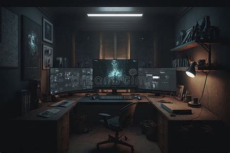 Illustration Dark Room With Computer Desk And Monitor Ai Generative Stock Illustration