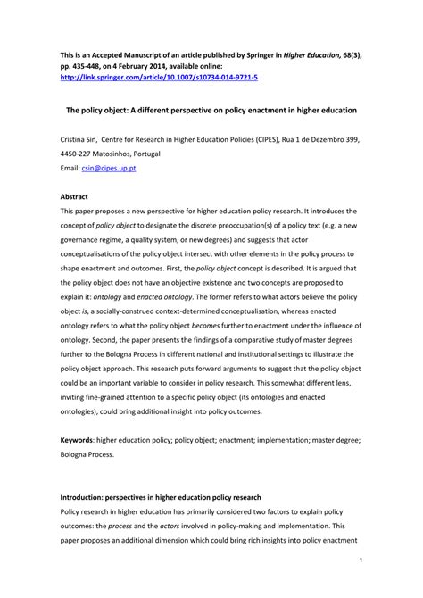 Pdf The Policy Object A Different Perspective On Policy Enactment In Higher Education
