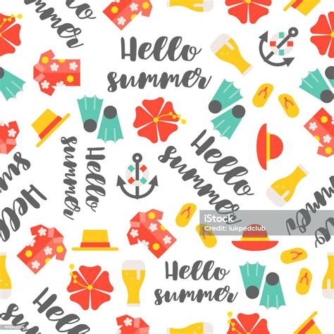 여름 테마 완벽 한 패턴 히 비 스커 스 꽃 맥주 용기 하와이 셔츠 비치 샌들 안녕하세요 수영 지 느 러 미 밀 짚 비치 모자 여름 손 쓰기 0명에 대한 스톡 벡터 아트 및