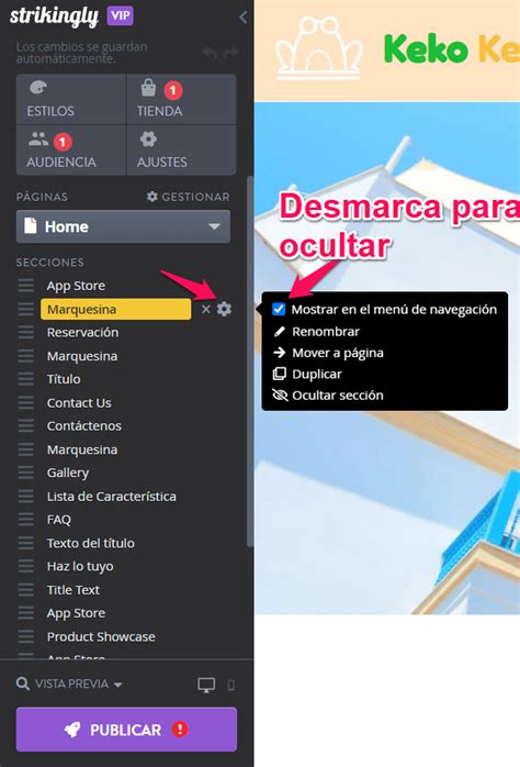 Mostrar ocultar secciones en el menú de navegación Strikingly Centro de ayuda