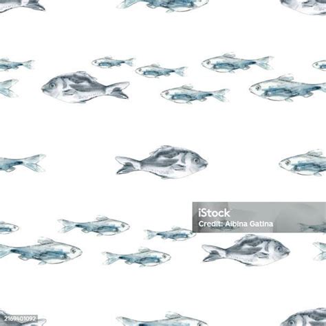 수채화에서 차선에서 수영하는 물고기의 완벽 한 패턴 큰 물고기와 함께 작은 물고기 떼가 다른 방향으로 헤엄 치며 이음새없는 테두리로 묘사됩니다 반짝이는 물고기 비늘과