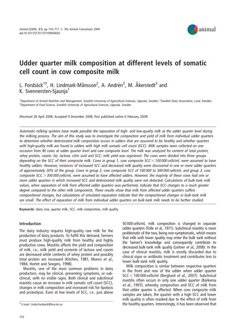 Pdf Udder Quarter Milk Composition At Different Levels Of Somatic Cell Count In Cow Composite Milk