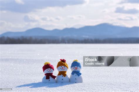 눈 덮인 들판에서 모자를 쓰고 스송아지를 쓴 눈사람 아름다운 겨울 배경 메리 크리스마스와 새해 복 많은 새해 높은 산과 풍경 눈사람에 대한 스톡 사진 및 기타 이미지