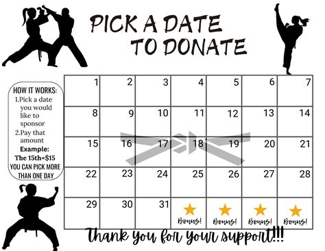 Karate Pick A Date To Donate Calendar Fundraiser Printable