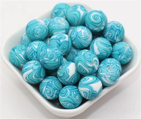 15mm Aqua Blue Swirl Printed Beads Swirl Silicone Beads Round Bubble