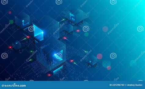 Blockchain Concept Banner Isometric Digital Blocks Connection With Each Other And Shapes Crypto