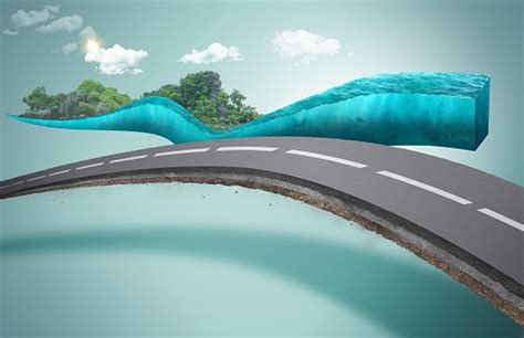 고립 된 호수가있는 도로의 3d 그림 창조적 인 여행 및 관광 도로 디자인 나무 특이한 그림 도로 광고의 그림 고립 된 열대 해변 도로 여행과 휴가 거리에 대한 스톡 사진