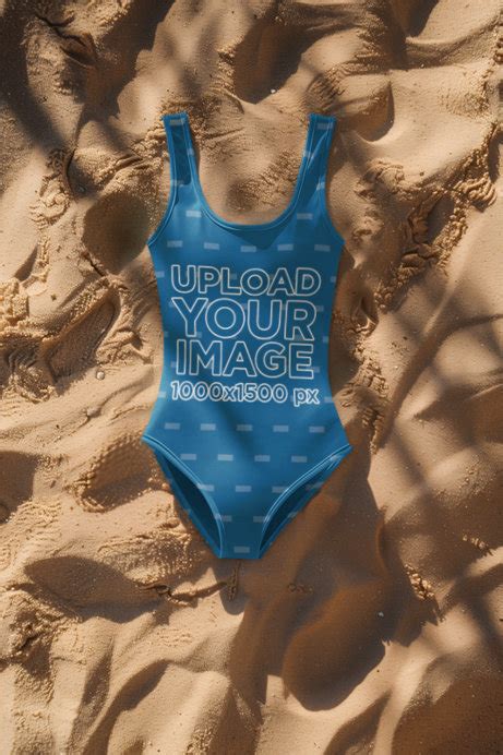 Placeit Mockup Of An Ai Generated Swimsuit Flat Laid On The Sand At The Beach