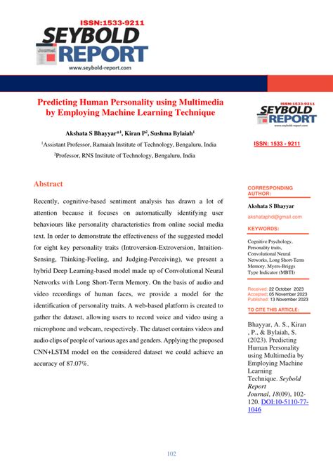 Pdf Predicting Human Personality Using Multimedia By Employing Machine Learning Technique