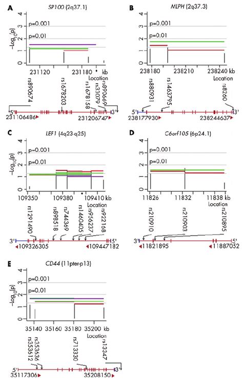 Plots Of Log 10 P Value For Five Genes Yielding Significant Evidence Download Scientific