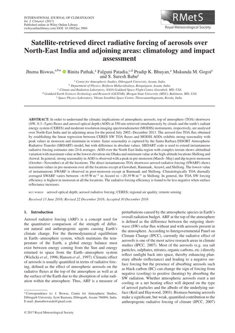 Pdf Satellite‐retrieved Direct Radiative Forcing Of Aerosols Over North‐east India And