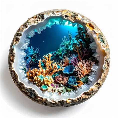 Surreal Coral Reef Ecosystem Inside A Crystal Geode Stock Illustration