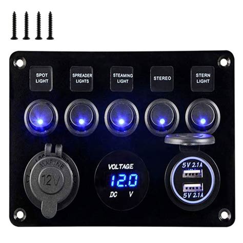 5 Gang Switch Panel 12v 24v Car Boat Marine Blue Led Rocker Breaker Controls Lazada