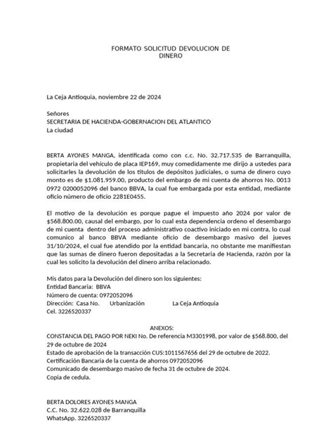 Solcitud De Devolucion De Dinero Pdf Bancos Economias