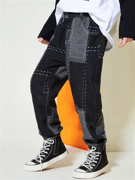 بنطلون جينز برباط ألوان متباينة جيب مائل ولد شي إن