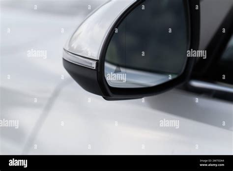 Modern Car Bcw System Blind Spot Warning Indicator On The Car Rearview Mirror Blind Spot