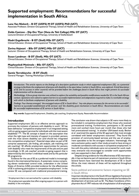 Pdf Supported Employement Recommendations For Successful Implementation In South Africa