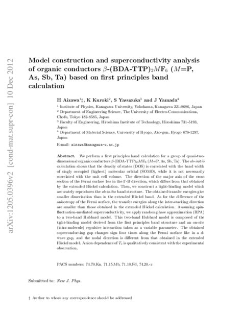 Pdf Model Construction And Superconductivity Analysis Of Organic Conductorsβ Bda Ttp2mf6m