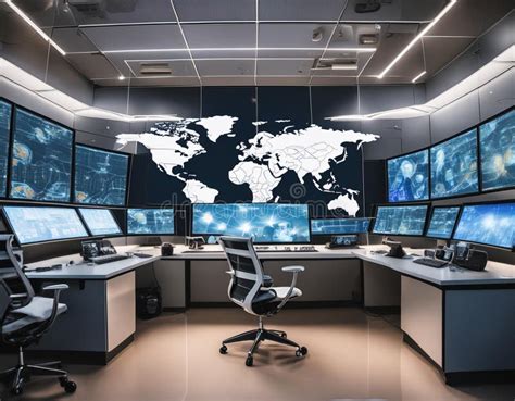 A Modern High Tech Control Room With Glowing Screens And A Central World Map Display Stock