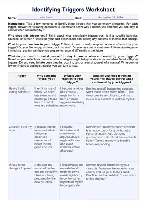 identifying triggers worksheet and example free pdf download