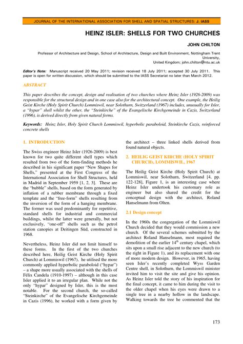 Pdf Heinz Isler Shells For Two Churches