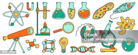과학 학교 세트 또는 교육 아이콘입니다 화학 및 생물학 실험실 만화 컬렉션 대담한 밝은 현미경 분자 원자 망원경 시험관 아메바 벡터 그림 백색에 고립되어 있습니다 짚신벌레에