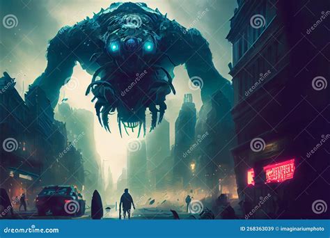 Giant Monster Invading Night City Science Fiction Futuristic Scene