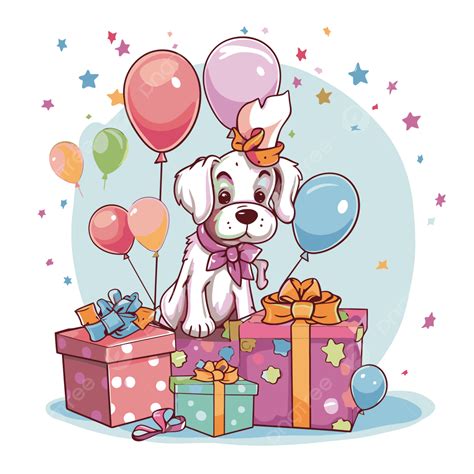 بطاقة عيد ميلاد المتجه ملصق قصاصة فنية كلب صغير مع هدايا على كرتون