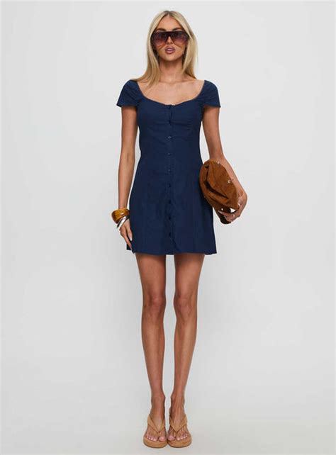Marisella Button Down Mini Dress Navy Princess Polly