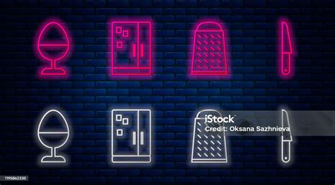 스탠드와 칼에 세트 라인 냉장고 강판 치킨 계란 벽돌 벽에 빛나는 네온 아이콘입니다 벡터 강철에 대한 스톡 벡터 아트 및 기타 이미지 Istock