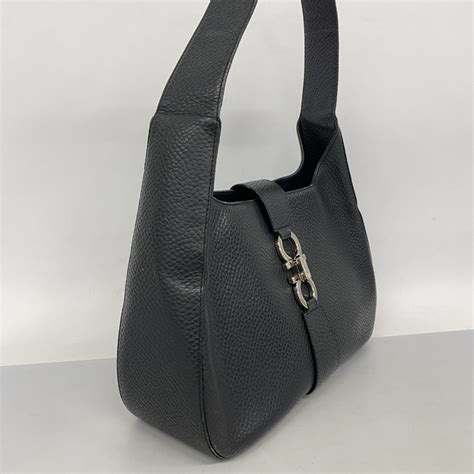 Salvatore Ferragamo Gancini Leather Shoulder Bag Black Womens