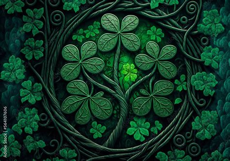 Symbolic Green Tree Growing Within A Circle Of Vines Detailed Shamrock Like Leaves With Veins